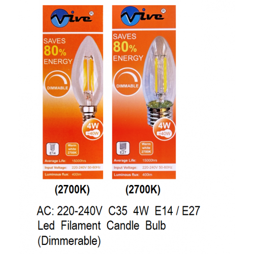 Vive C35W 4W E14 / E27 LED Filament Lamp (Candle) (Dim)